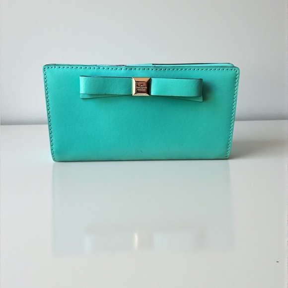 Bags | Kate Spade Turquoise Bow Leather Wallet Chic Slim Clutch Guc ...